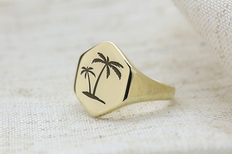 Palm Tree Signet Ring Engraved Tree Ring Gold Signet Ring Gift for Her ...