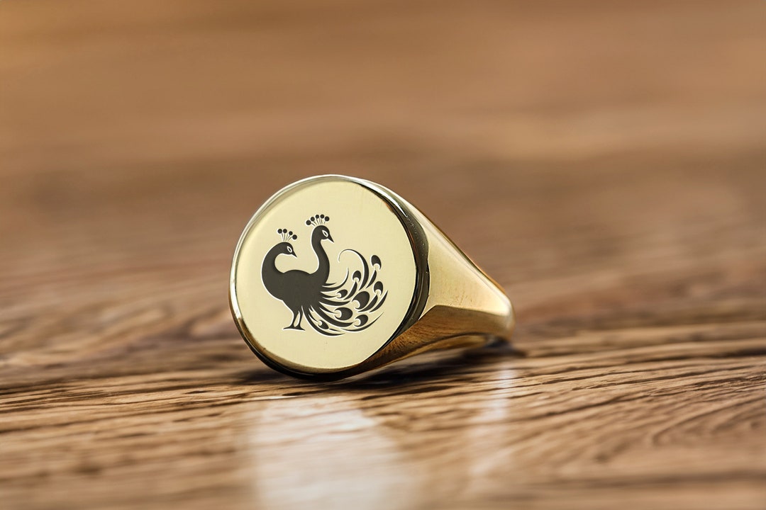 14k Gold Peacock Signet Ring · Custom Peacock Engraving Ring · Bold ...