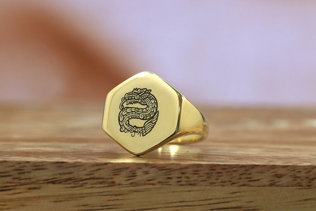 Engraved Aztec Dragon Ring · 14k Gold Aztec Signet Ring · Hexagon ...