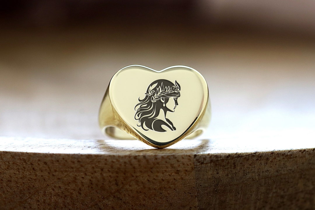 14k Gold Signet Ring · Goddess Athena Ring · Mythological Ring · Heart ...