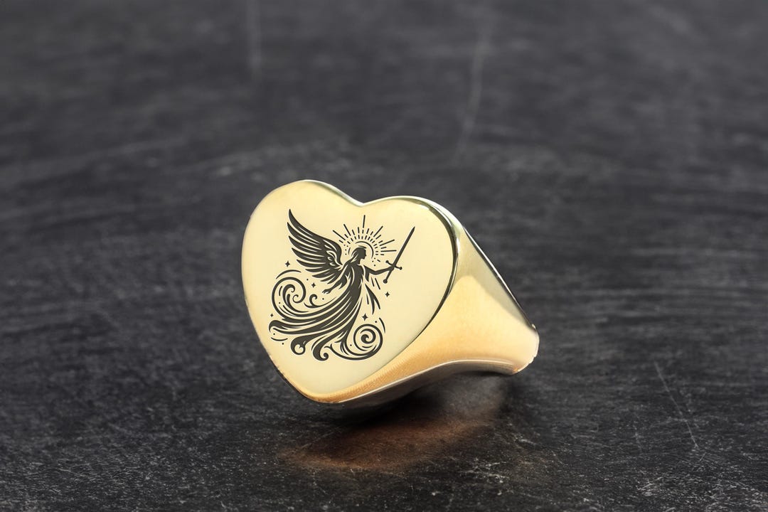 14k Gold Angel Signet Ring · Engraved Angel Ring · Custom Angel Ring ...