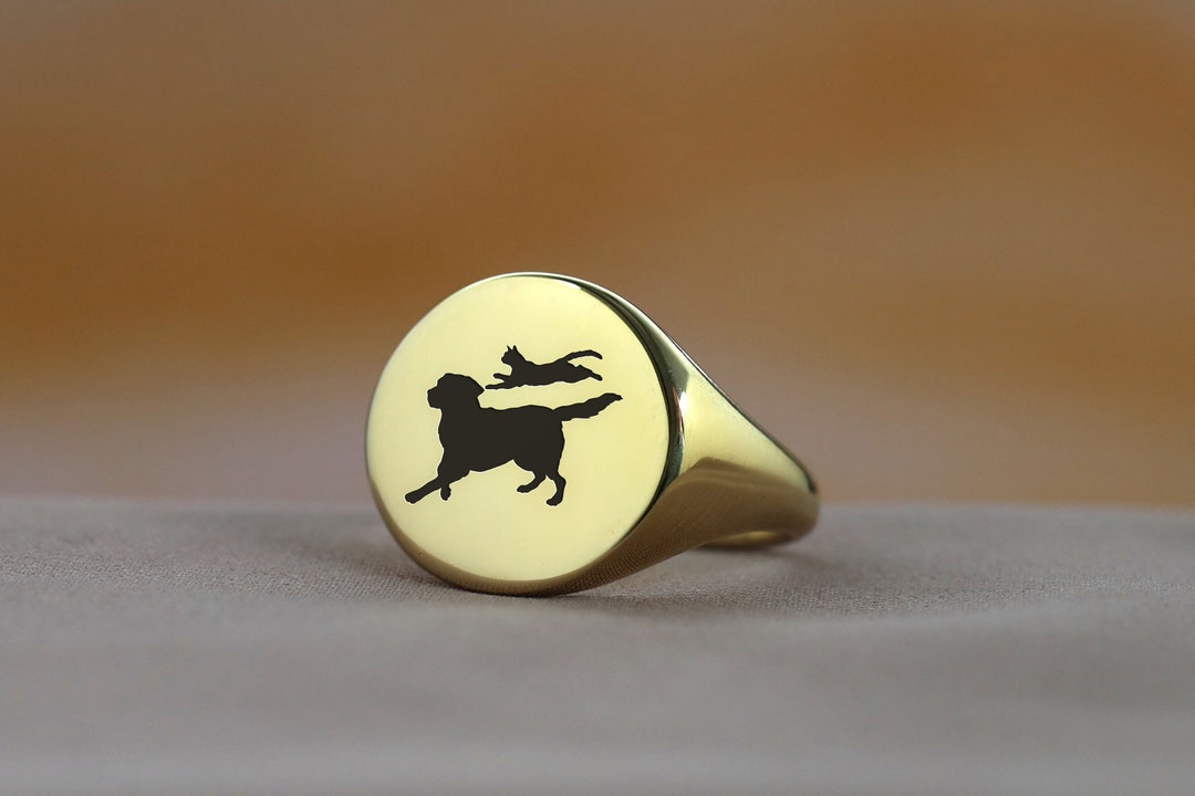 14k Gold Cat and Dog Signet Ring · Engraved Dog and Cat Ring · Bold ...