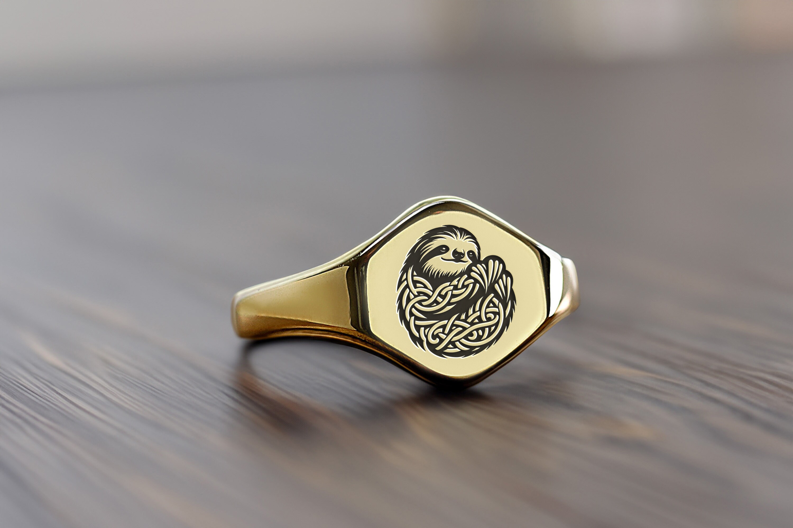 Engraved Sloth Signet Ring · Cute Animal Signet Ring · Hexagon Shaped ...