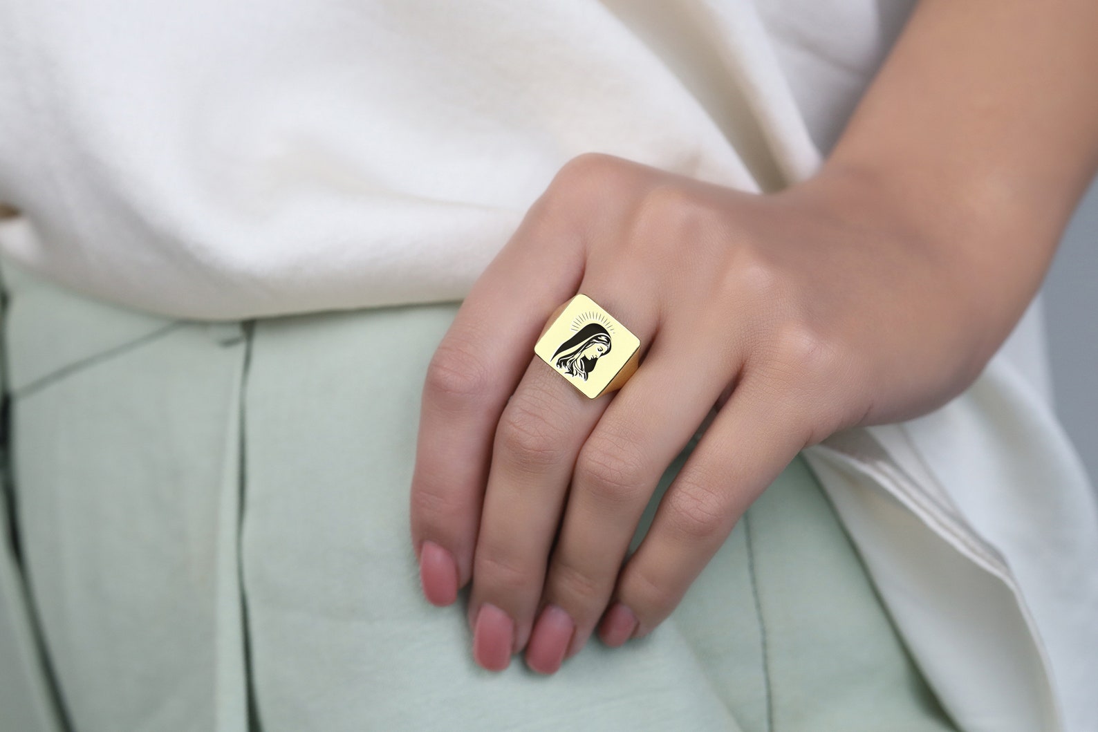 14k Gold Virgin Mary Signet Ring · Unisex Mother Mary Ring ...