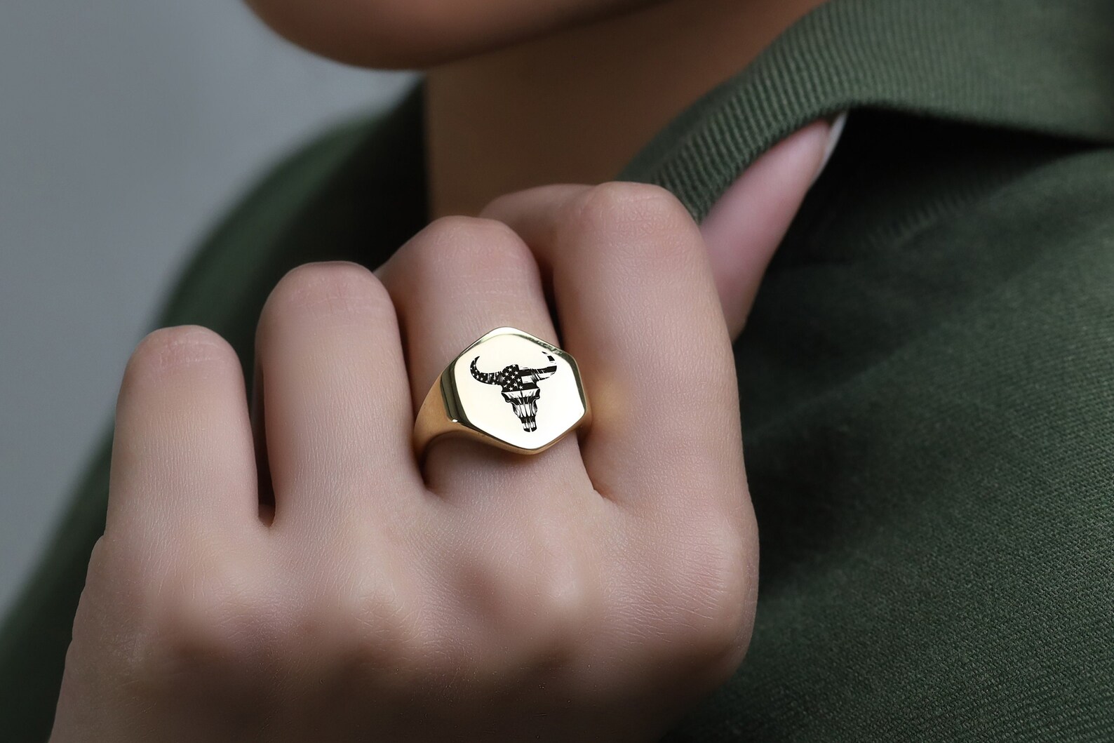 Engraved Cow Skull Ring · Custom Bull Ring · American Flag Ring ...