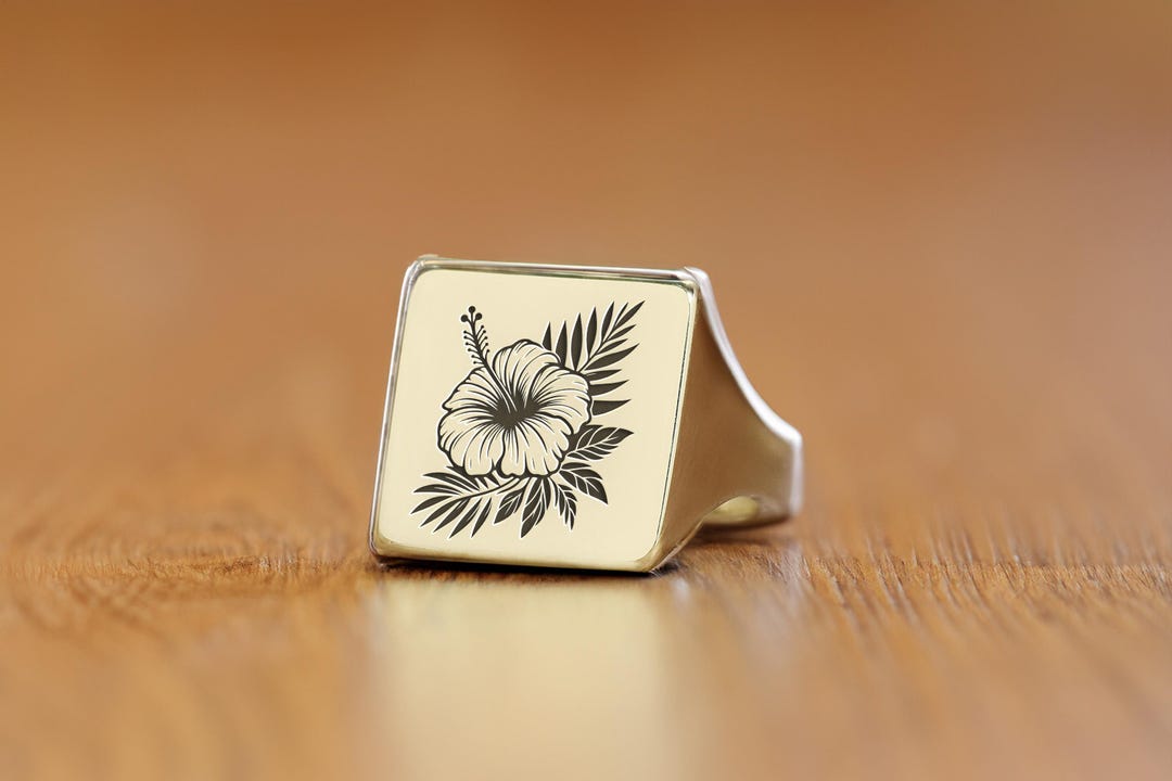 14k Gold Hibiscus Signet Ring · Custom Hibiscus Ring · Square Shaped ...