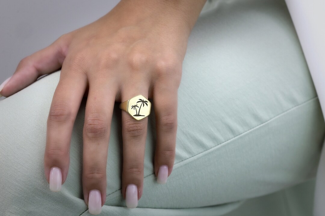 Palm Tree Signet Ring Engraved Tree Ring Gold Signet Ring Gift for Her ...