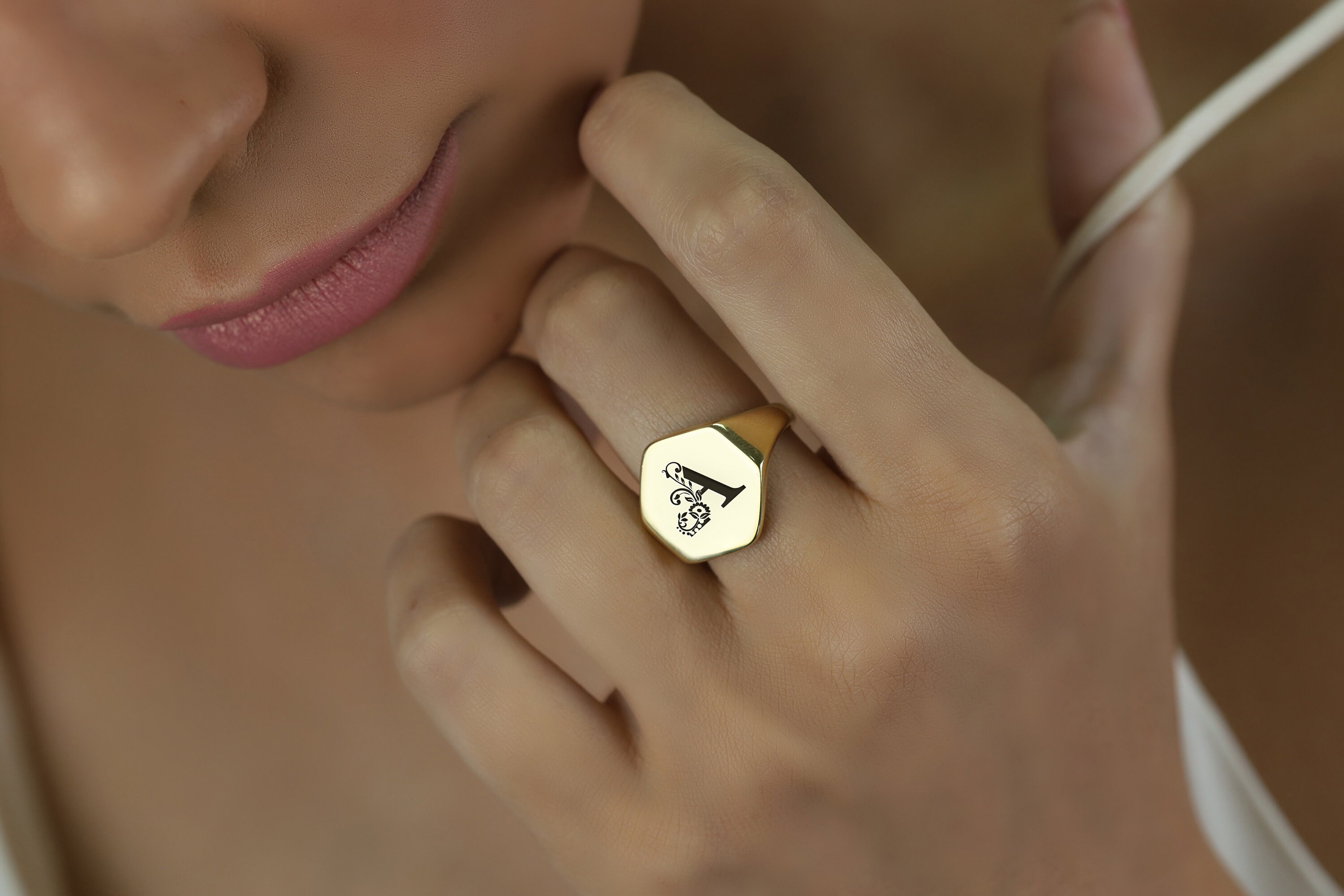 Flower Letter Gold Signet Ring · Custom Initial's Ring · Engraved ...