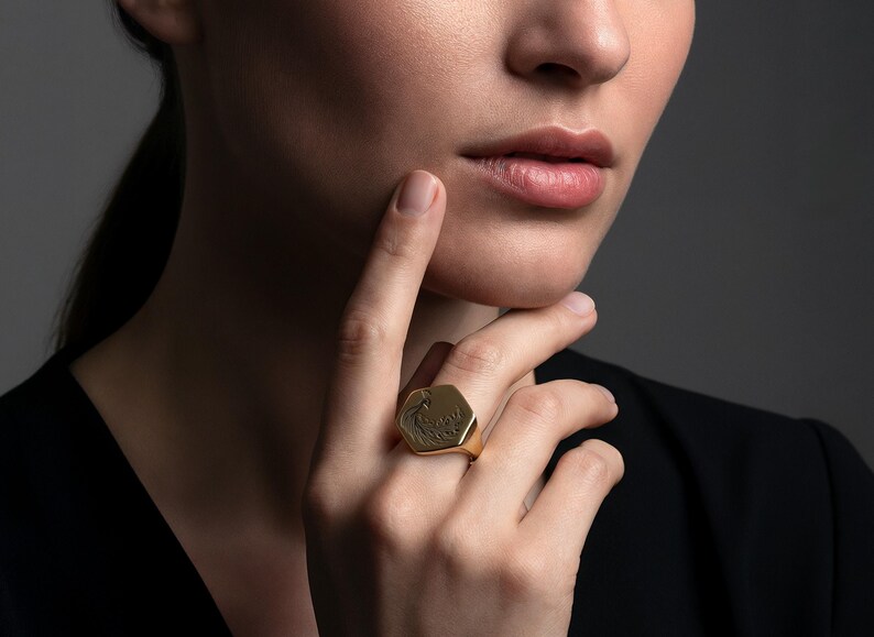 14 Gold Peacock Signet Ring · Peacock Engraving Ring · Hexagon Shaped ...