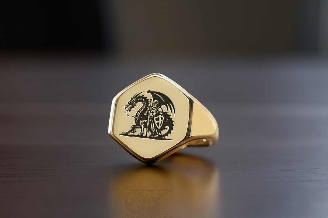 14k Gold Knight Ring · Engraved Knight and Dragon Ring · Fantasy Ring ...