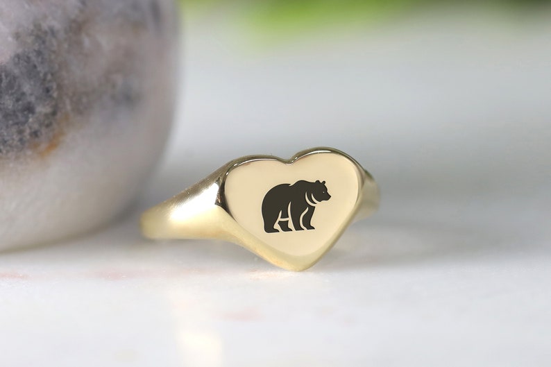 14k Gold Custom Bear Ring · Engraved Bear Signet Ring · Cute Bear Ring ...