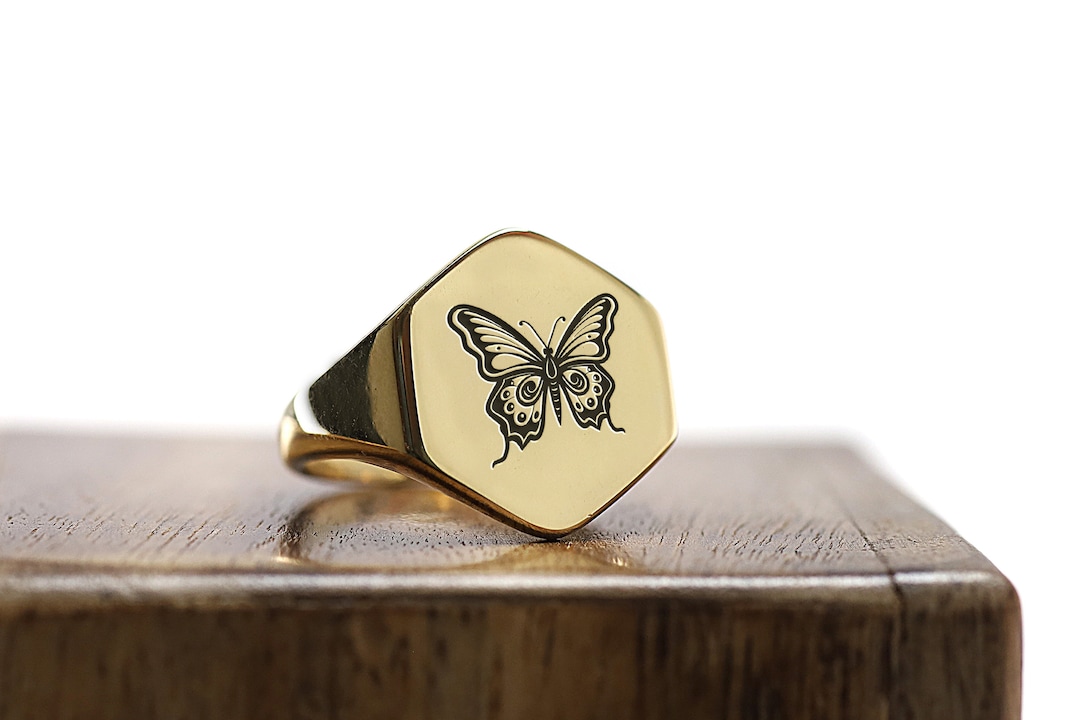 14k Gold Butterfly Signet Ring · Engraved Butterfly Ring · Hexagon Ring ...