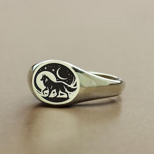 Engraved Wolf Signet Ring · Custom Wolf Ring · Round Shaped Ring ...