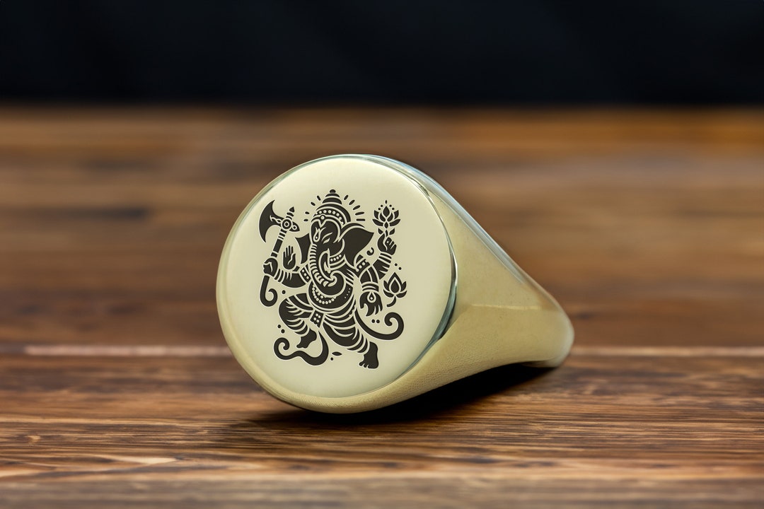Engraved Hindu Signet Ring · Ganesh Gold Ring · Unisex Ring · Round ...