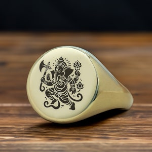 Engraved Hindu Signet Ring · Ganesh Gold Ring · Unisex Ring · Round ...