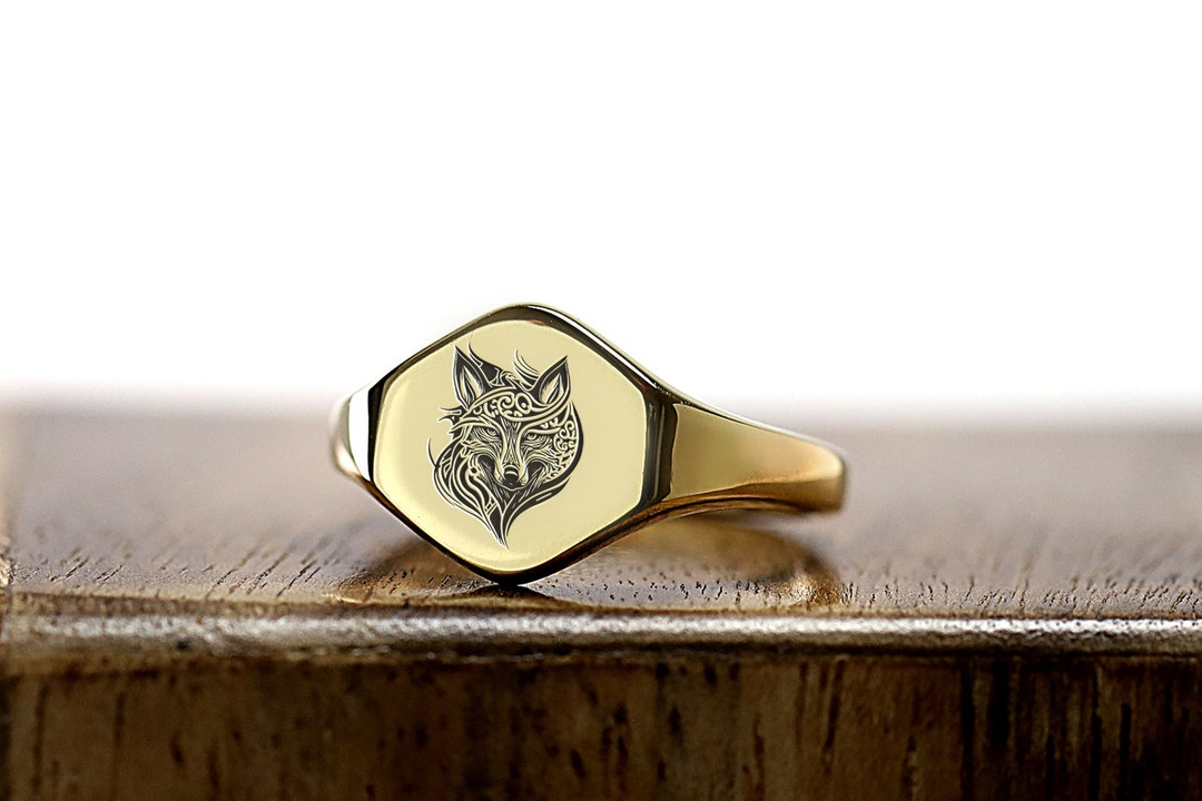 Wolf Engraved Ring · 14k Gold Wolf Ring · Custom Wolf Ring · Hexagon ...
