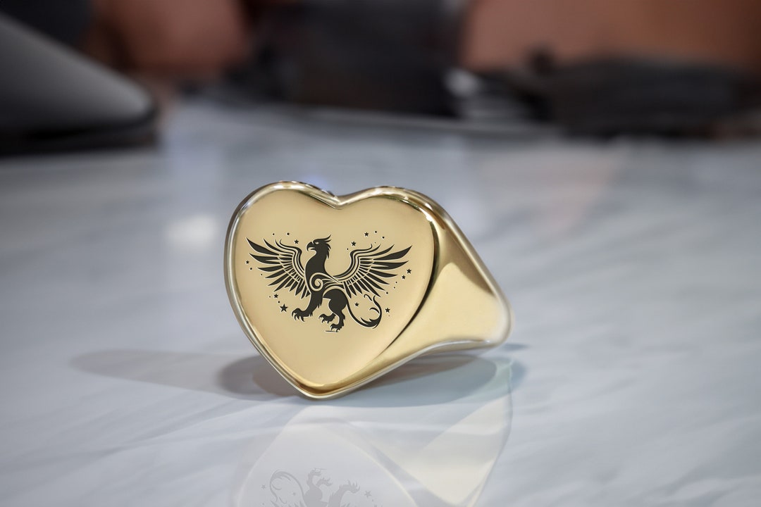 14k Gold Griffin Signet Ring · Custom Griffin Ring · Heart Shaped Ring ...