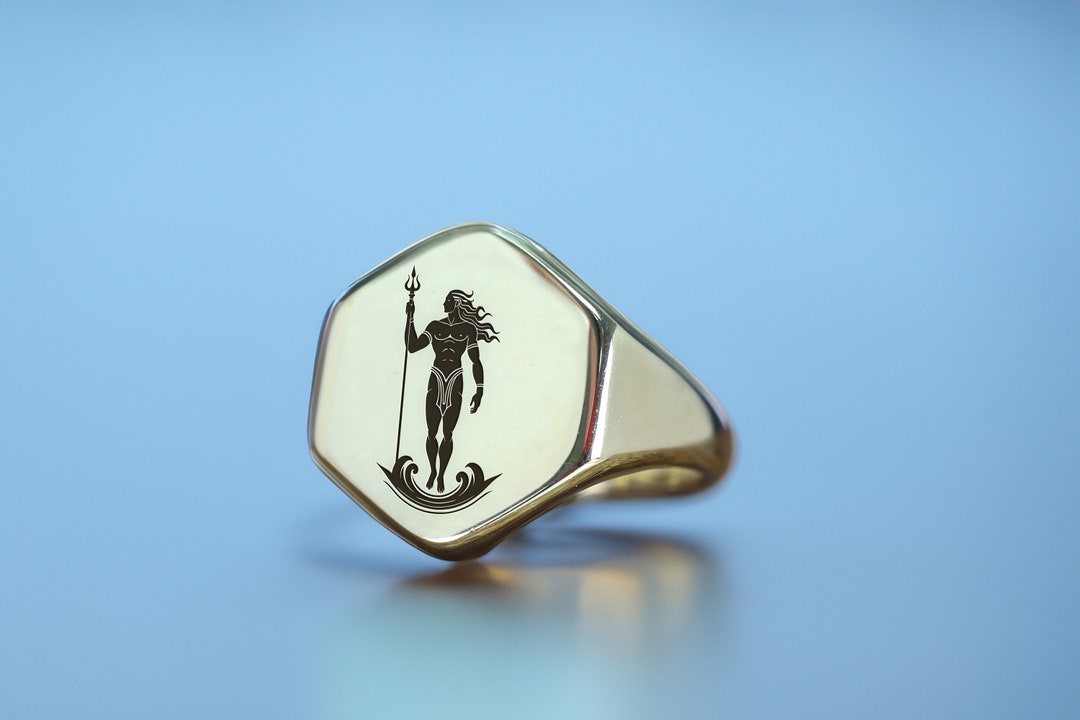 14k Gold Neptune Signet Ring · Custom Poseidon Ring · Roman Mythology ...