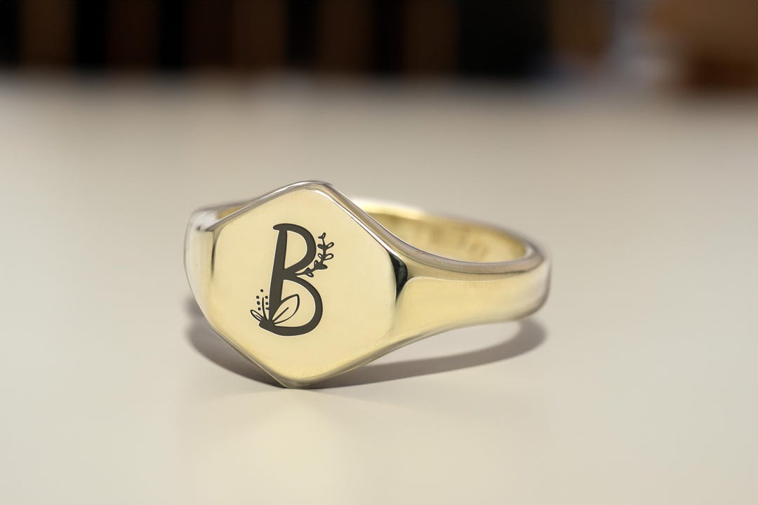 Engraved Letter Signet Ring · Custom Letter Ring · Hexagon Shaped Ring ...