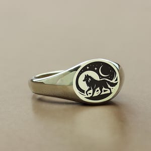 Engraved Wolf Signet Ring · Custom Wolf Ring · Round Shaped Ring ...