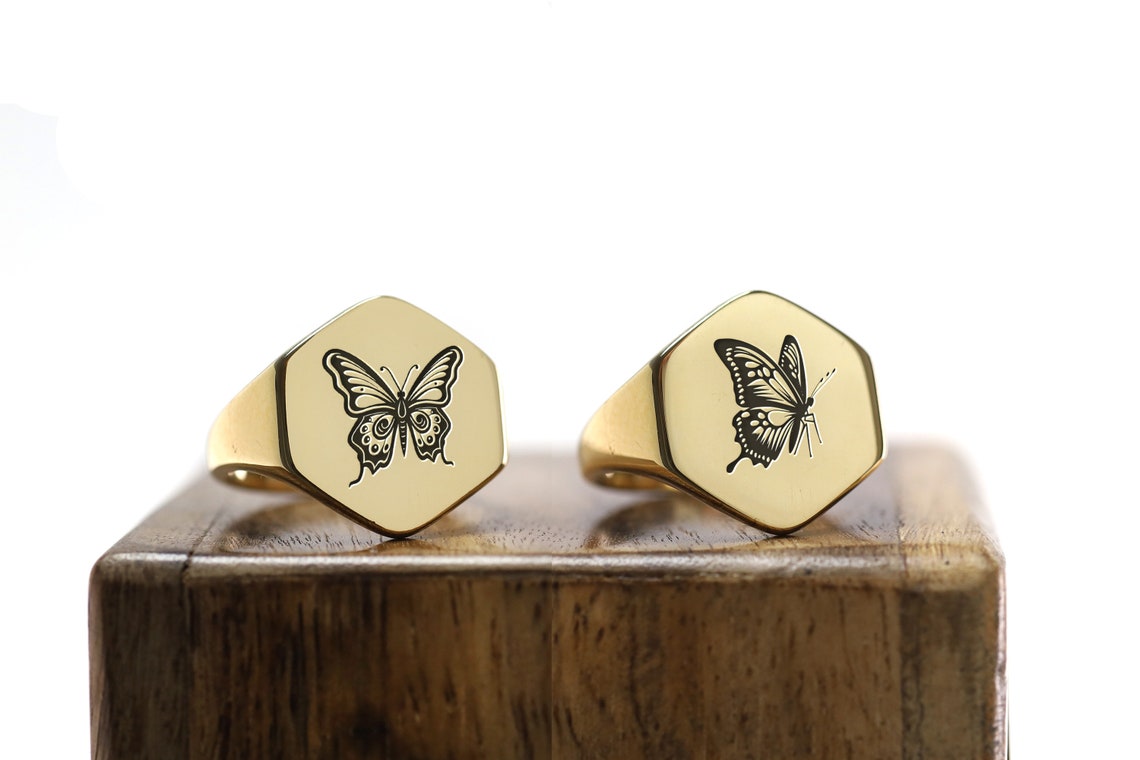 14k Gold Butterfly Signet Ring · Engraved Butterfly Ring · Hexagon Ring ...