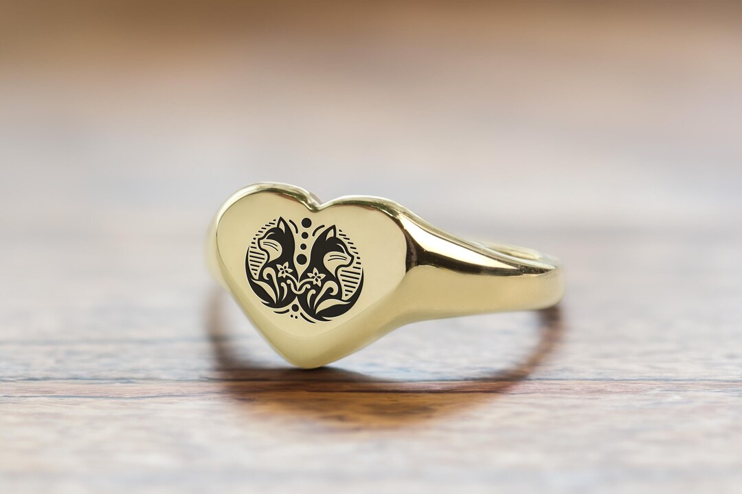 Cute Cat Ring · 14k Gold Cat Signet Ring · Heart Shaped Ring · Women ...