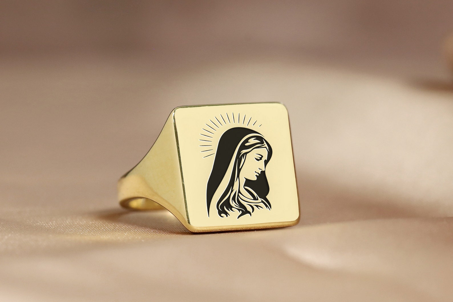 14k Gold Virgin Mary Signet Ring · Unisex Mother Mary Ring ...