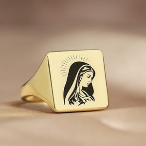 14k Gold Virgin Mary Signet Ring · Unisex Mother Mary Ring ...