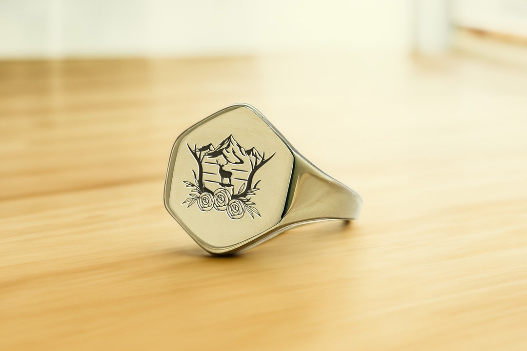 Engraved Deer Horns Signet Ring · Custom Deer Ring · Mountain Engraving ...