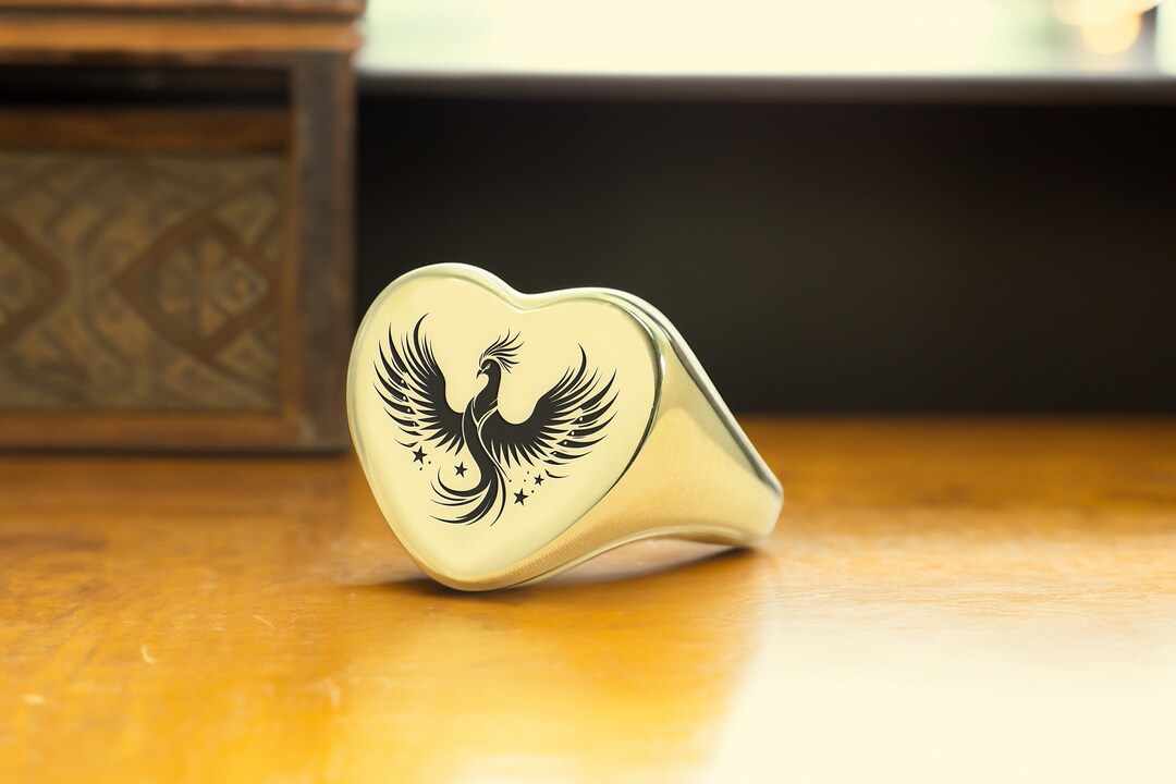 14k Gold Phoenix Signet Ring · Custom Phoenix Ring · Heart Shaped Ring ...