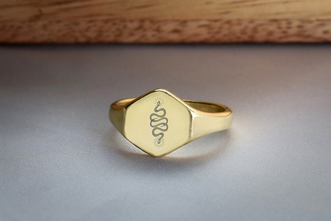 Snake Gold Signet Ring · Engraved Snake Ring · Animal Jewelry · Hexagon ...