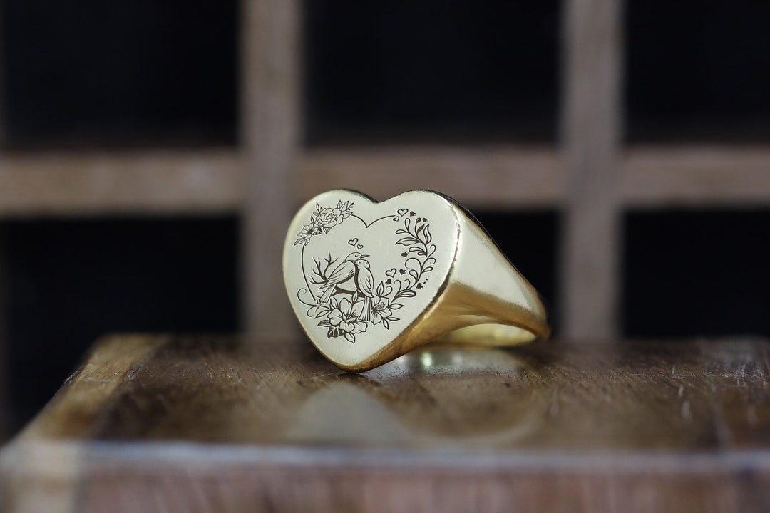 Romantic Birds Ring · Bird Engraved Ring · 14k Gold Signet Ring · Heart ...