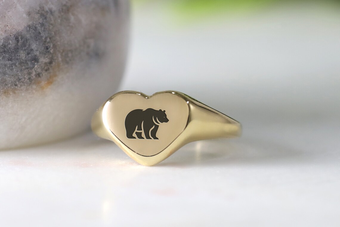 14k Gold Custom Bear Ring · Engraved Bear Signet Ring · Cute Bear Ring ...