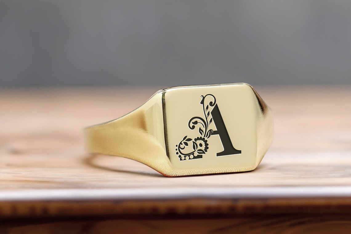 Flowered Letter Signet Ring · 24k Gold Engraved Ring · Customized Ring ...