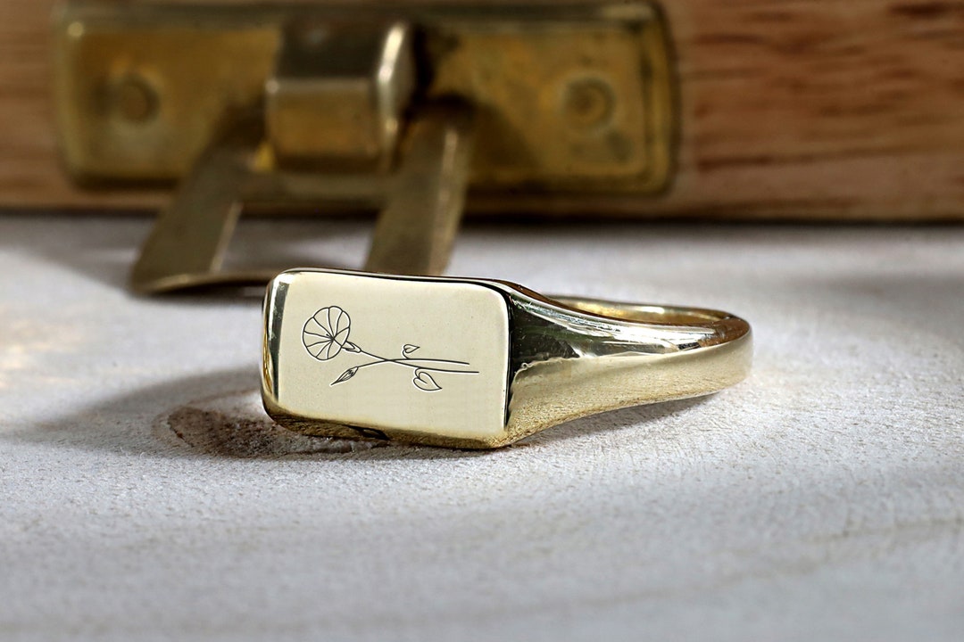 14k Gold Birth Flower Ring · Engraved Birth Flower Ring · Birth Month ...