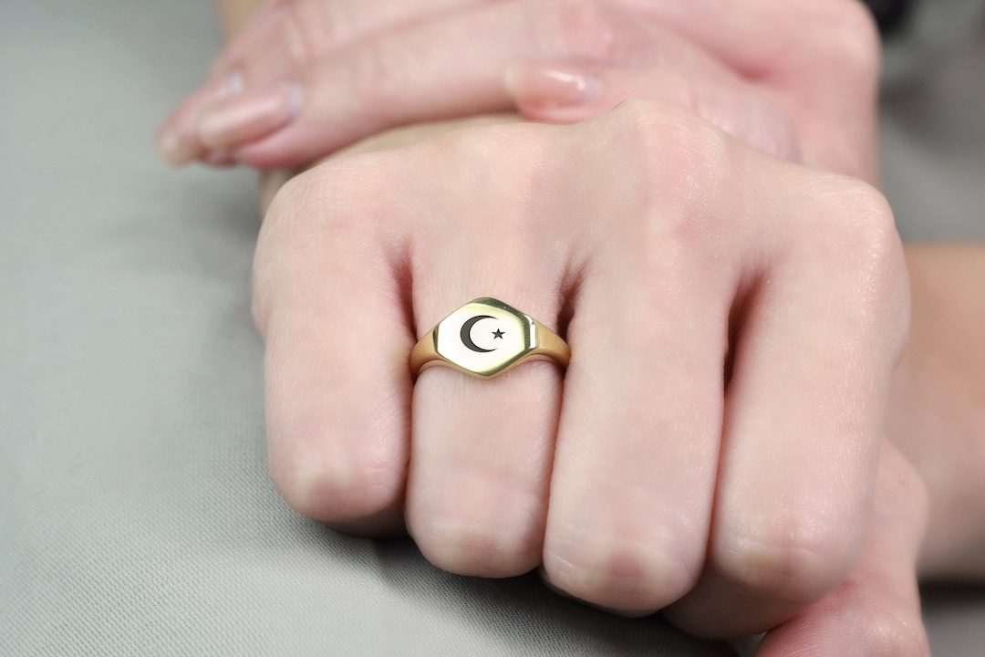 Islam Symbol Ring · Gold Signet Islam Ring · Engraved Crescent and Star ...