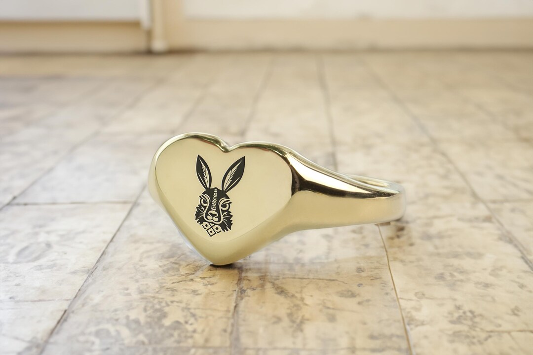 Engraved Rabbit Ring · 14k Gold Bunny Signet Ring · Heart Shaped Ring ...