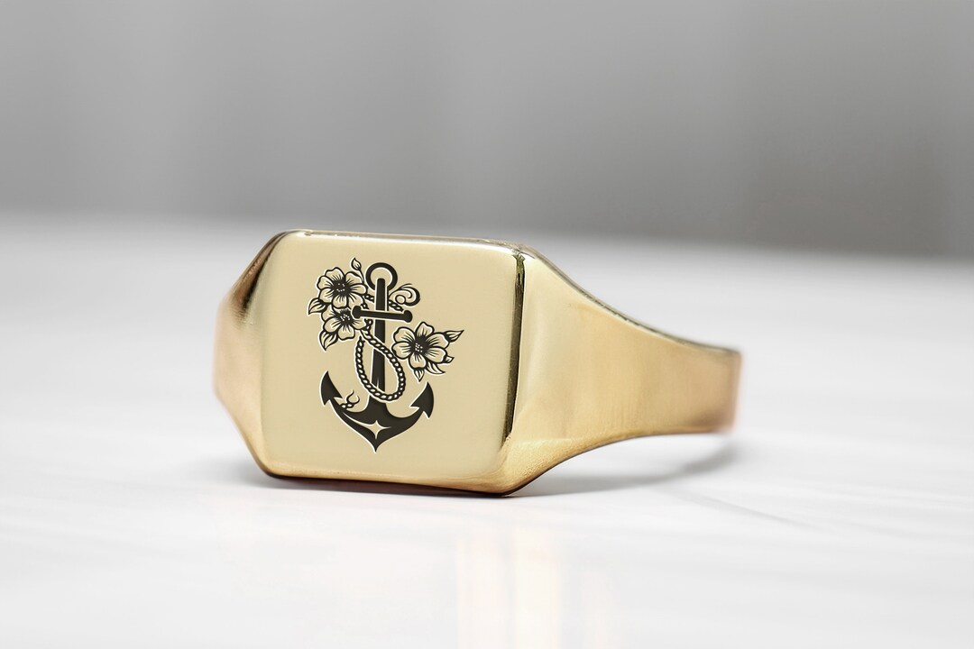 Engraved Anchor Ring · Custom Anchor Ring · Gold Signet Ring · Square ...