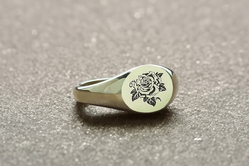 14k Gold Rose Signet Ring Engraved Rose Ring Gift for Her Custom Flower ...
