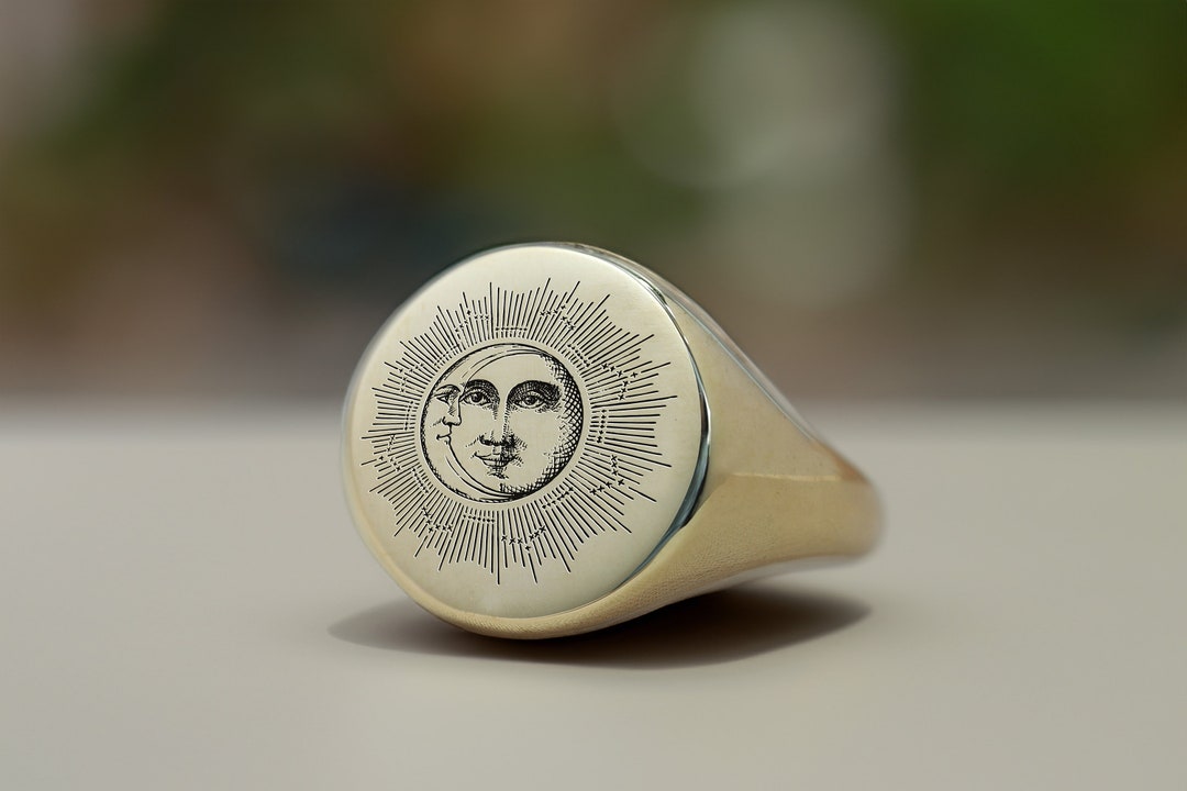 Moon and Sun Signet Ring · Personalized Moon Ring · 14k Gold Sun Signet Ring · Bold Statement ...