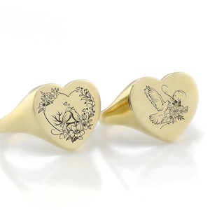 Romantic Birds Ring · Bird Engraved Ring · 14k Gold Signet Ring · Heart ...