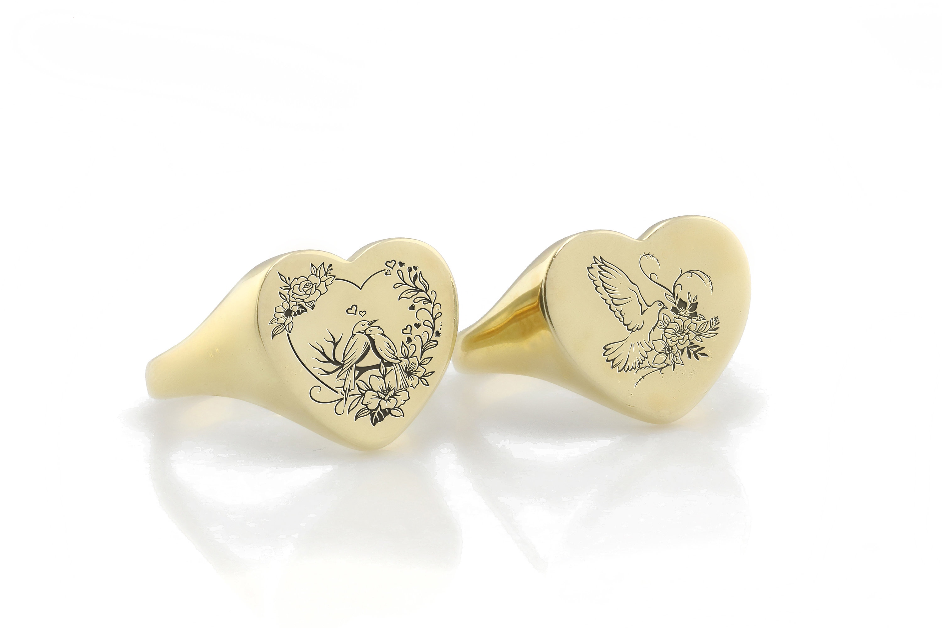Romantic Birds Ring · Bird Engraved Ring · 14k Gold Signet Ring · Heart ...