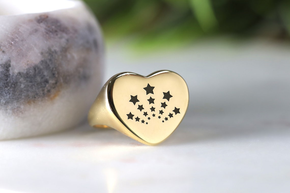 14k Gold Fallen Stars Signet Ring · Engraved Star Ring · Heart Shaped ...