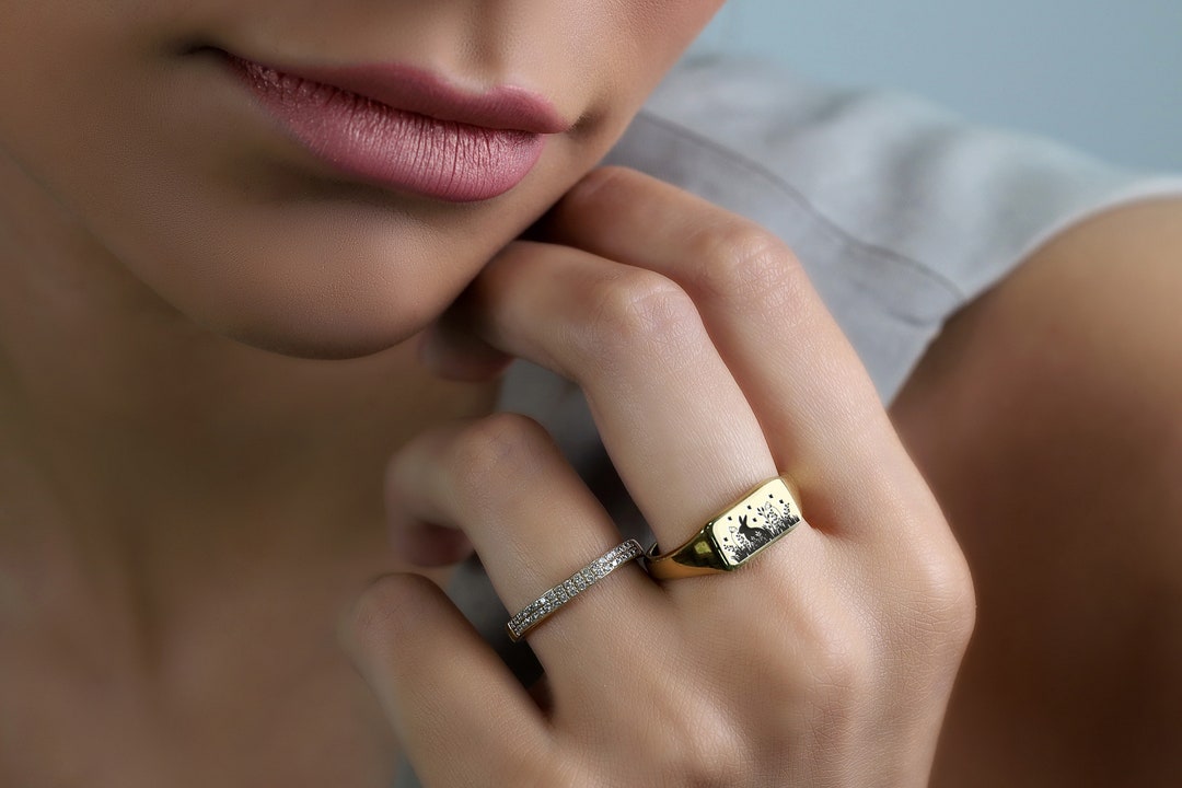 Cute Bunny Gold Signet Ring · Engraved Bunny Ring · Gift for Her ...