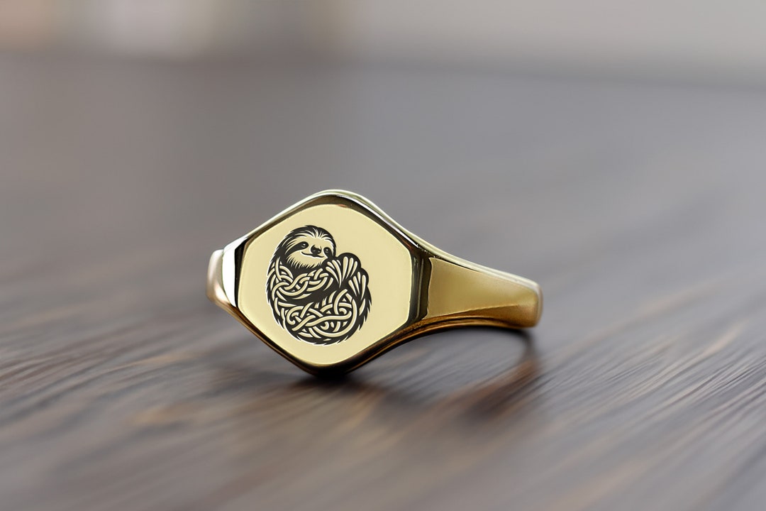Engraved Sloth Signet Ring · Cute Animal Signet Ring · Hexagon Shaped ...