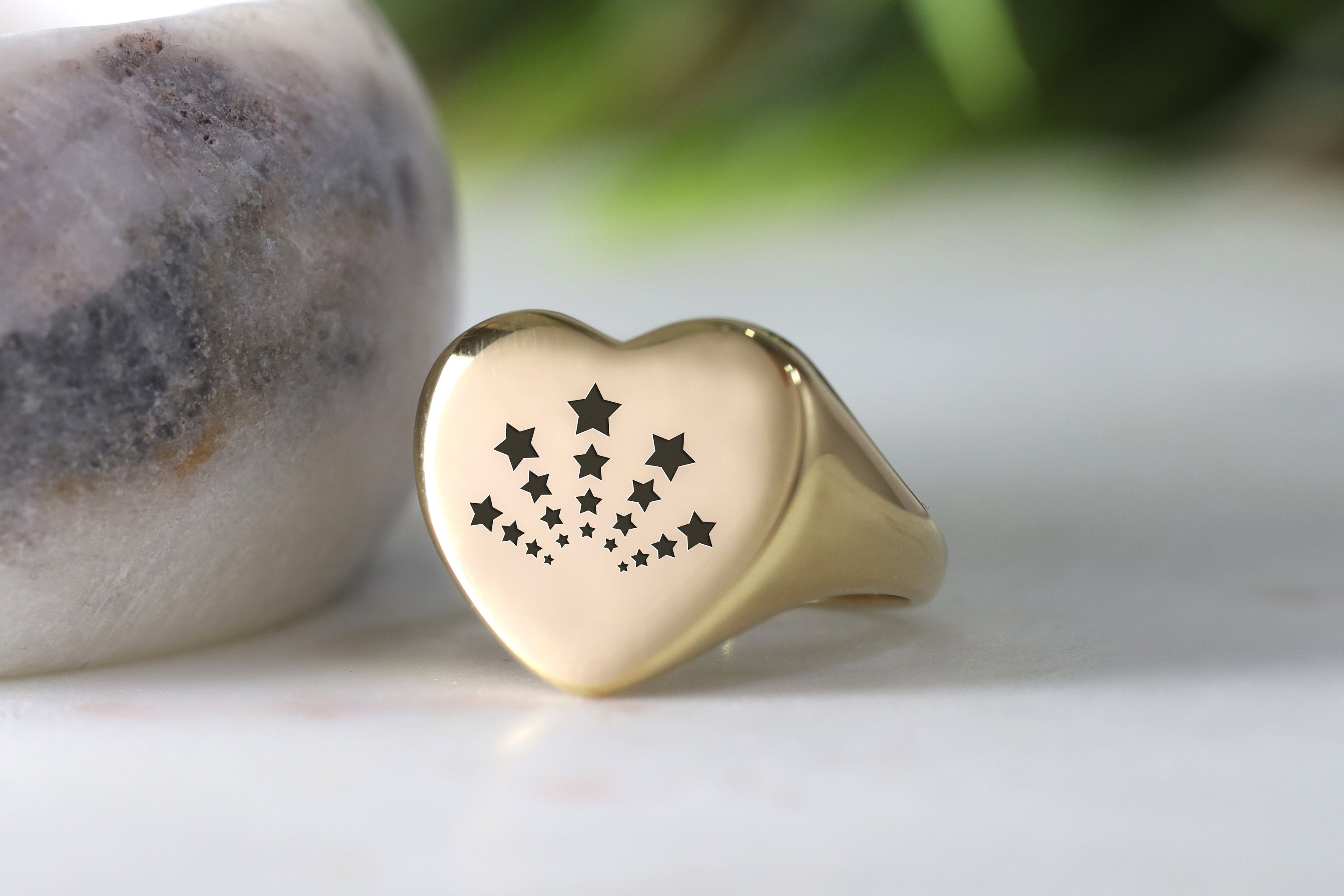 14k Gold Fallen Stars Signet Ring · Engraved Star Ring · Heart Shaped ...