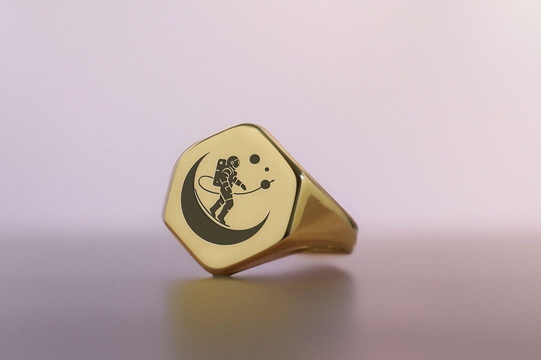 14k Gold Astronaut Signet Ring · Engraved Space Ring · Hexagon Shaped ...