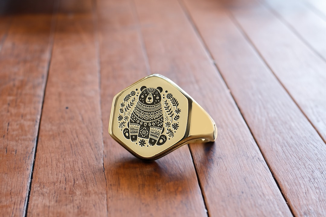 Engraved Black Bear Ring · Customized Bear Ring · Hexagon Shaped Ring ...