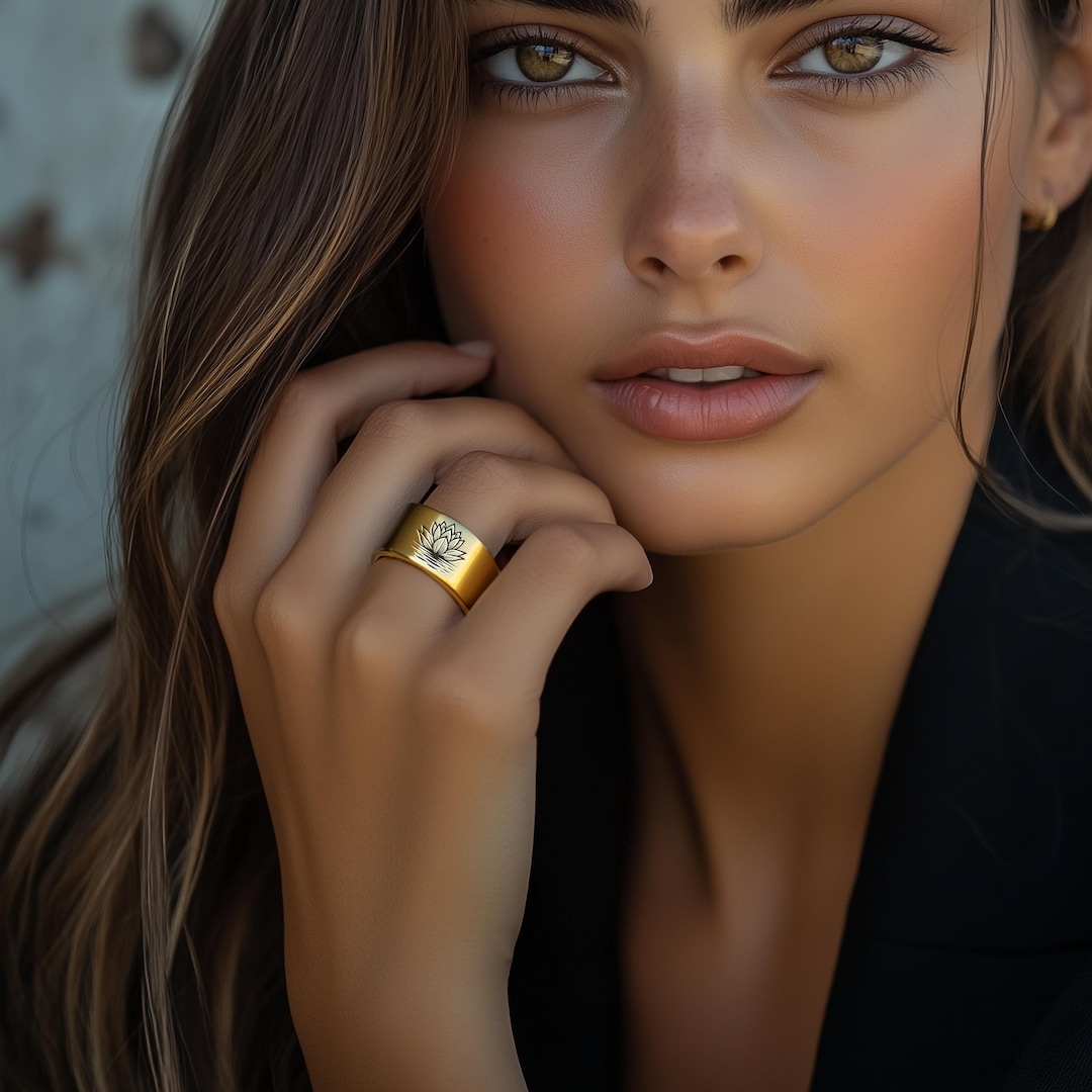 Engraved Lotus Wide Band Ring · Unique Wedding Ring · Flowered Jewelry ...