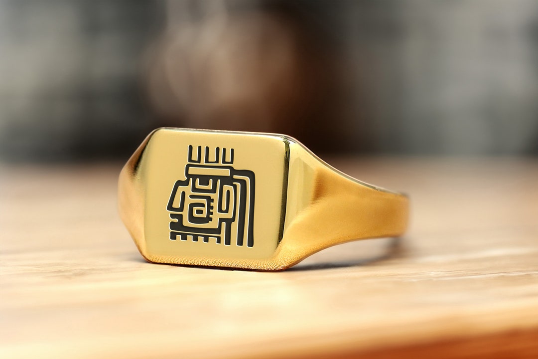 Custom Aztec Symbol Ring Gold Signet Ring Square Shaped Ring Aztec ...